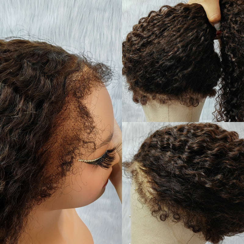 PRE-CUT EAR TAB 360 Lace Swiss Lace Jerry Curly Brown Color With Invis ...