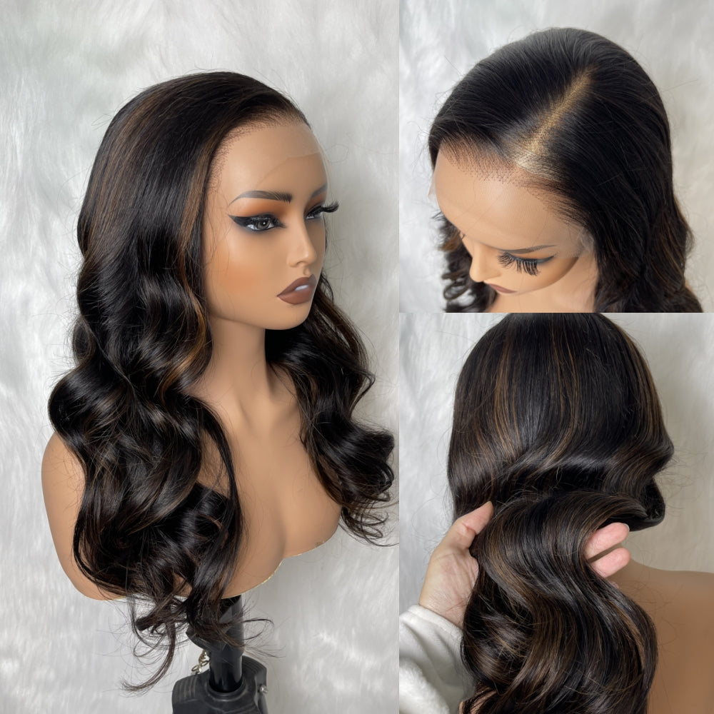 370 Fitted Cap Swiss Lace Body Wave Soft Highlight Wig With Invisible ...